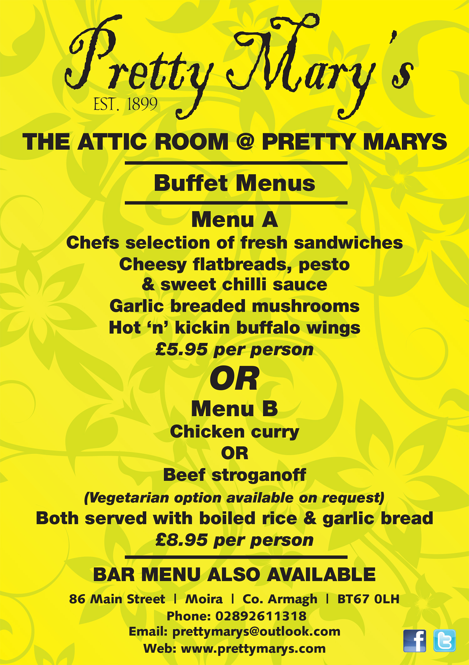 Pretty Marys Lunch Menus, Sunday Lunches, Christmas Party Venues, Moira