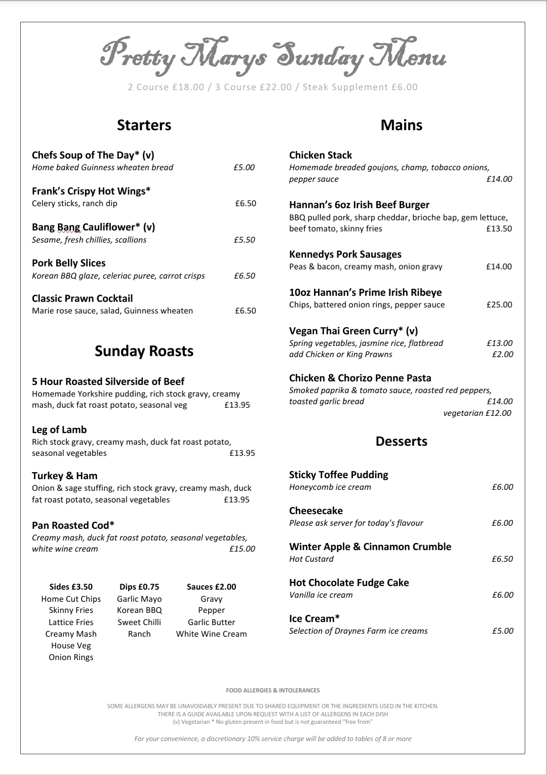 Pretty Marys Lunch Menus, Sunday Lunches, Christmas Party Venues, Moira